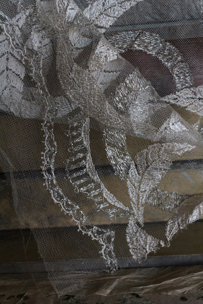 Antique Embroidered Floral Lace Sample with Fine Metallic Thread Detai ...